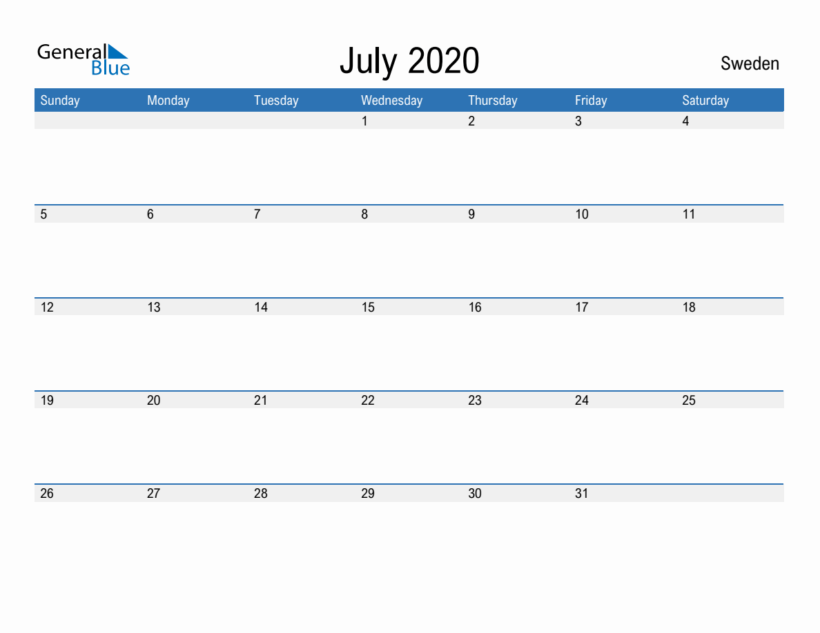 Editable July 2020 Calendar with Sweden Holidays