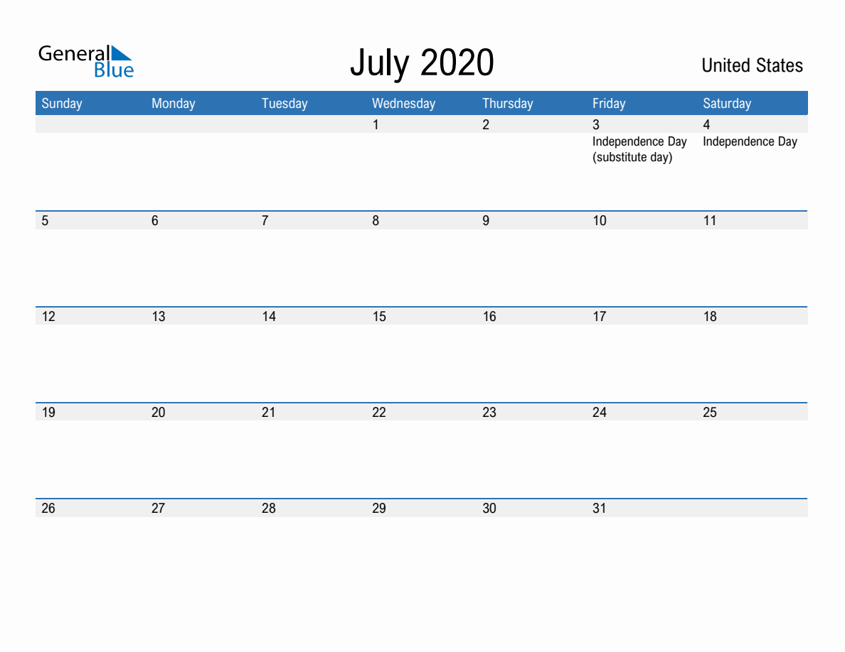July 2020 Monthly Calendars with United States Holidays