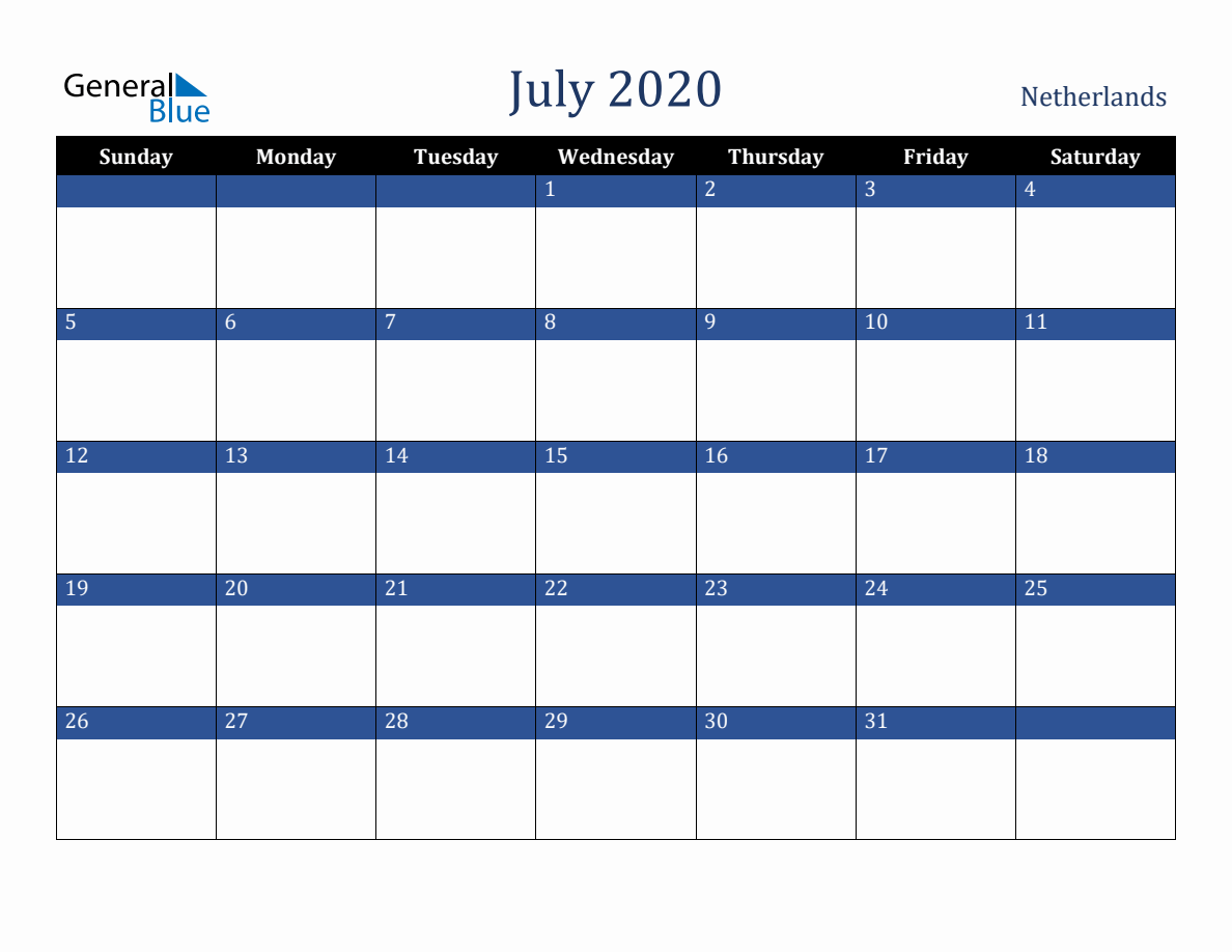 July 2020 The Netherlands Holiday Calendar