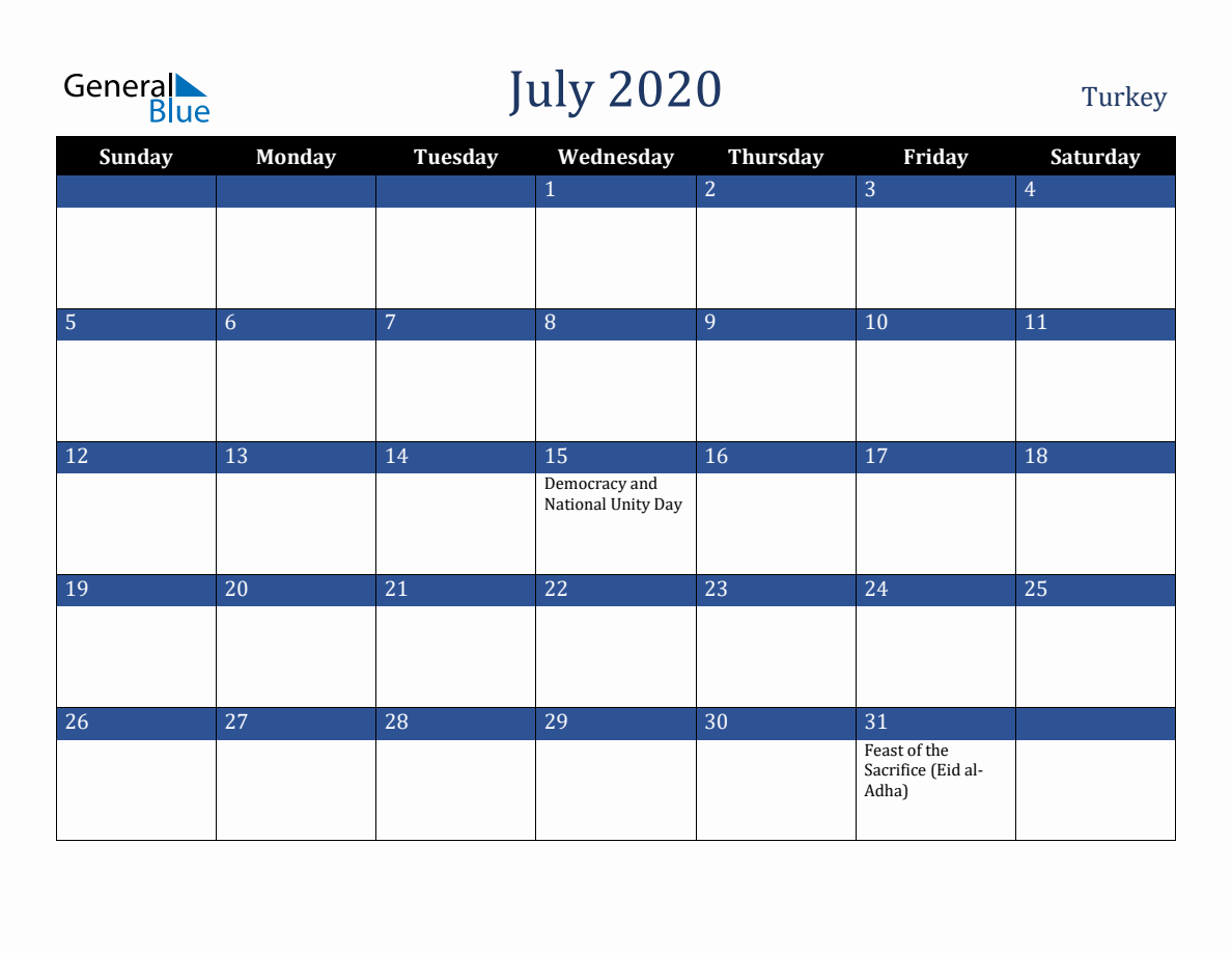 July 2020 Turkey Holiday Calendar
