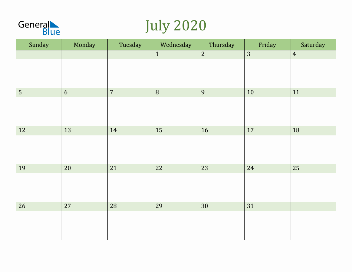 Fillable July 2020 Calendar