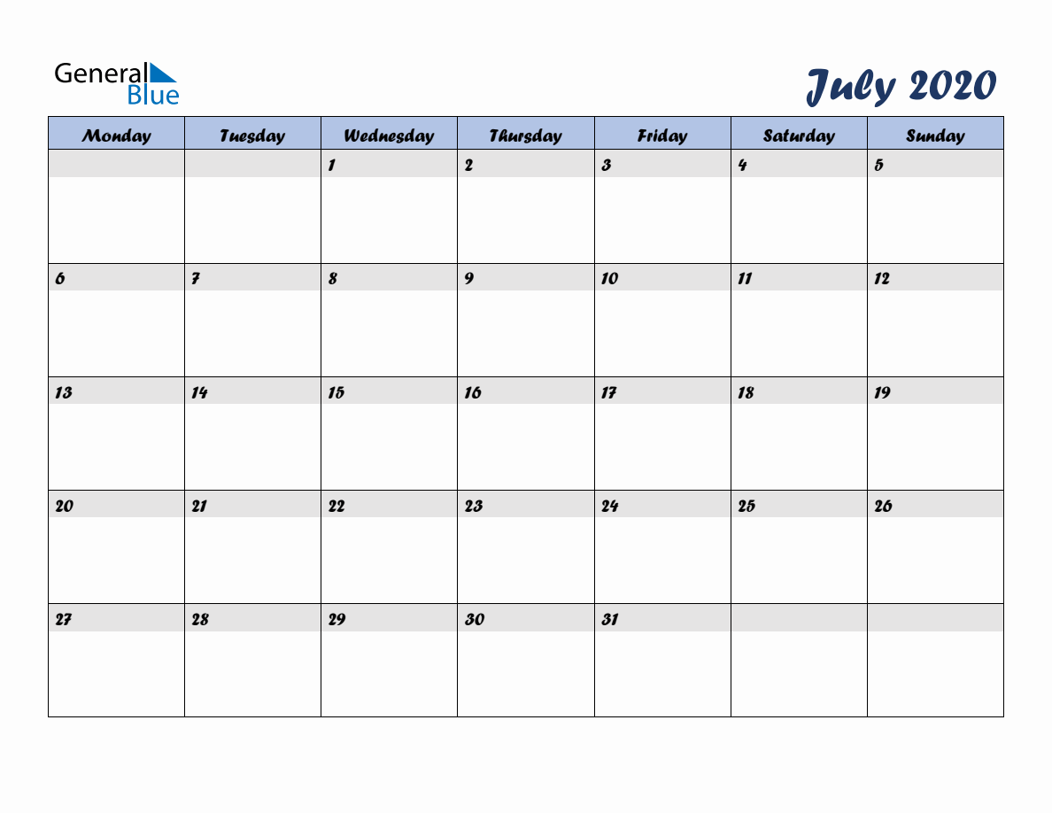 Free July 2020 Monthly Editable Calendar, starting on Monday