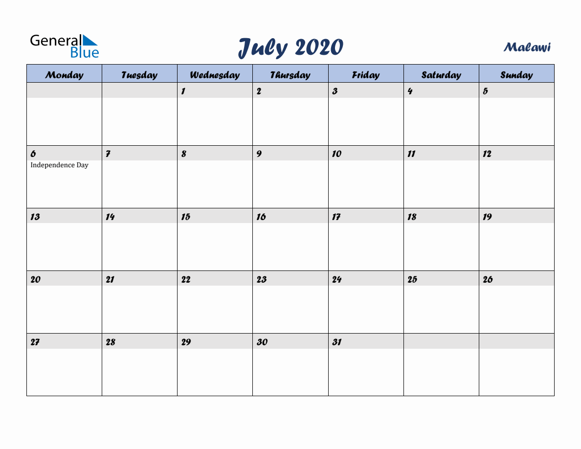 July 2020 Monthly Calendar Template with Holidays for Malawi (Monday Start)