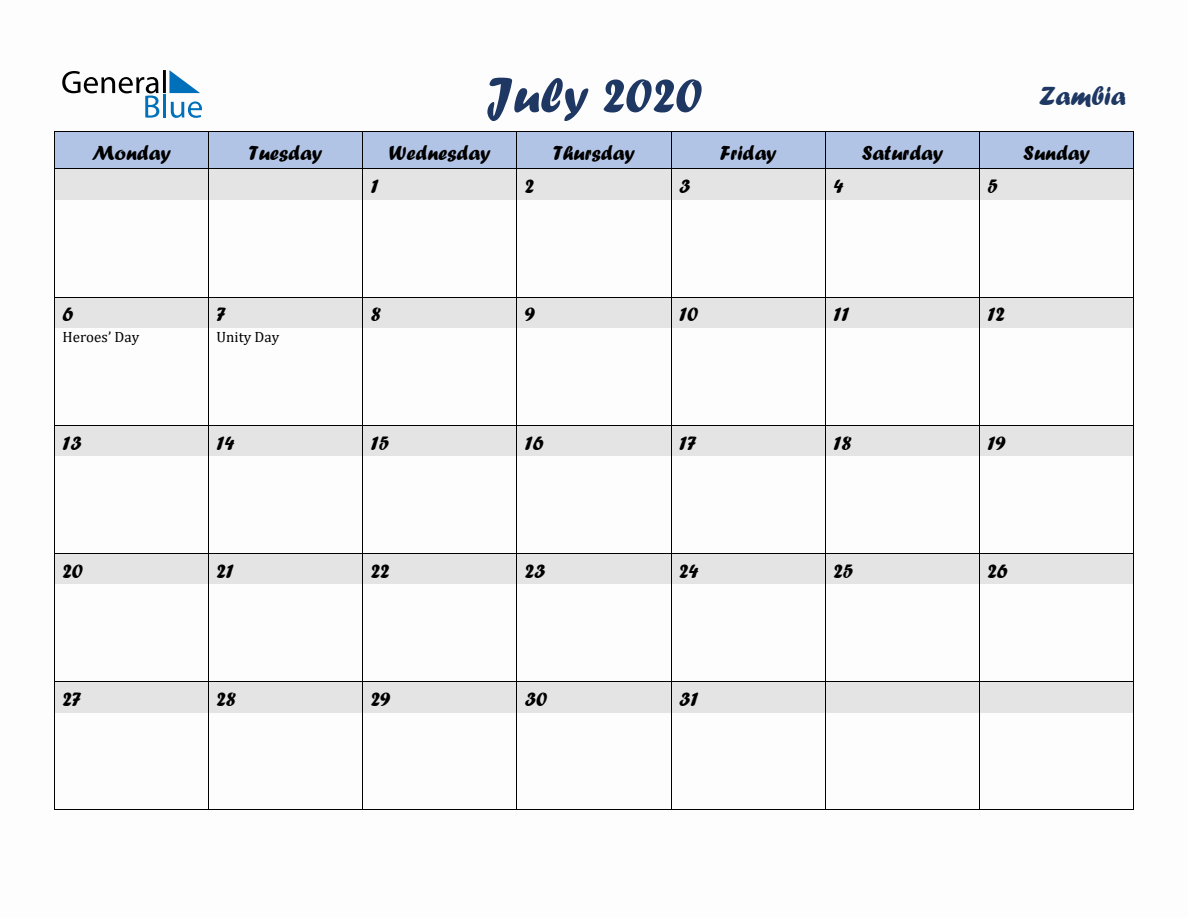 July 2020 Monthly Calendar Template with Holidays for Zambia