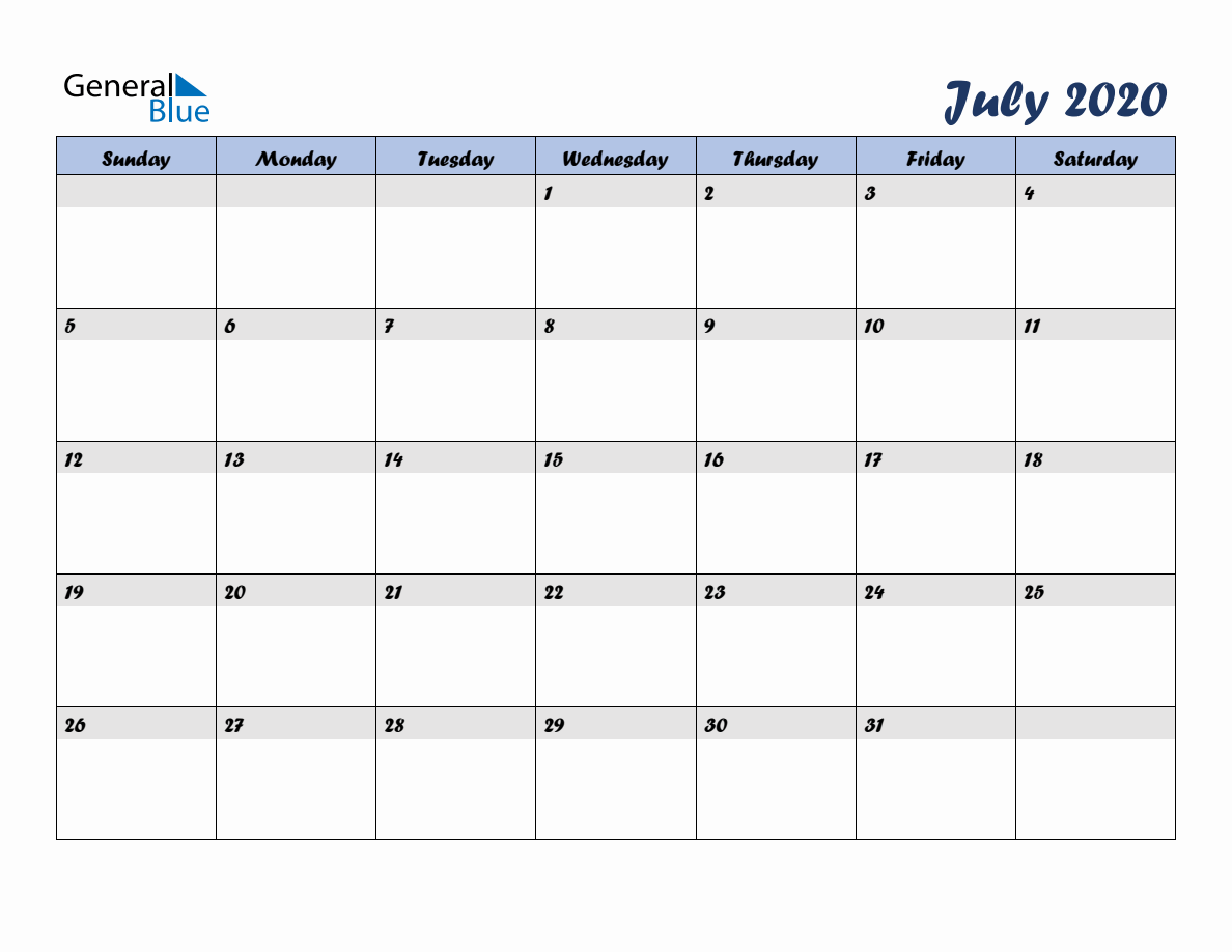 Free July 2020 Monthly Editable Calendar, starting on Sunday
