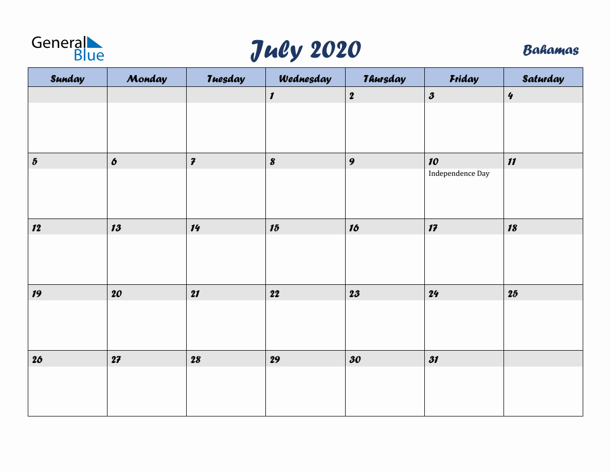 July 2020 Monthly Calendar Template with Holidays for Bahamas
