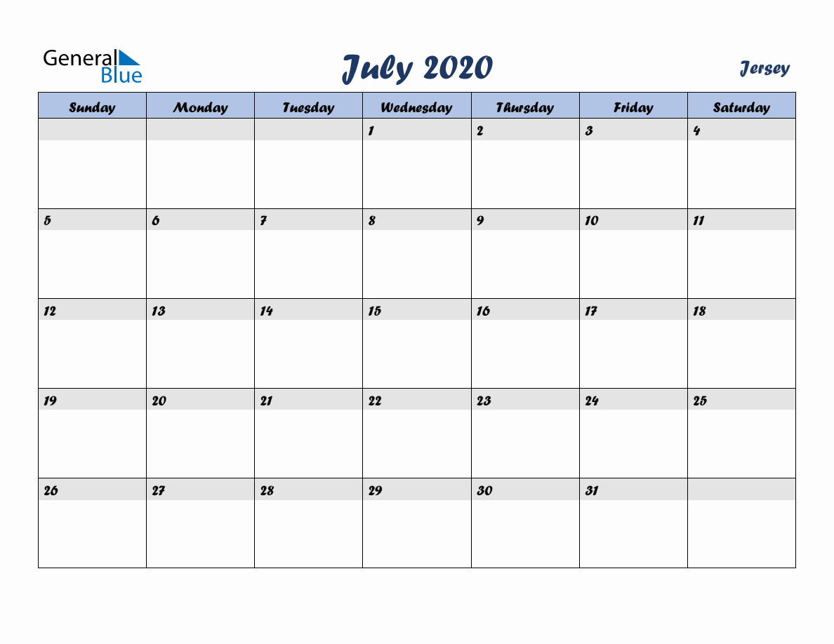 July 2020 Monthly Calendar Template with Holidays for Jersey
