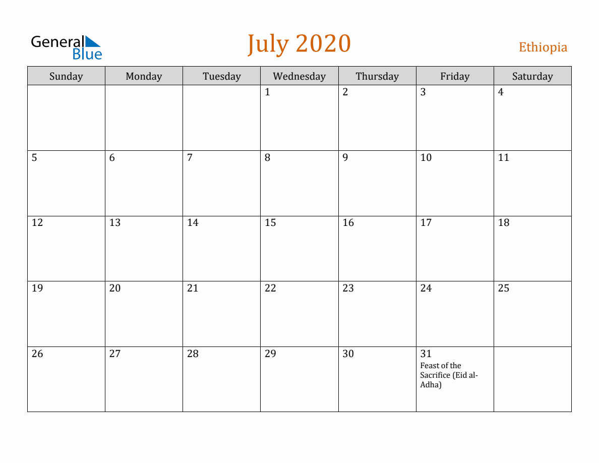Free July 2020 Ethiopia Calendar
