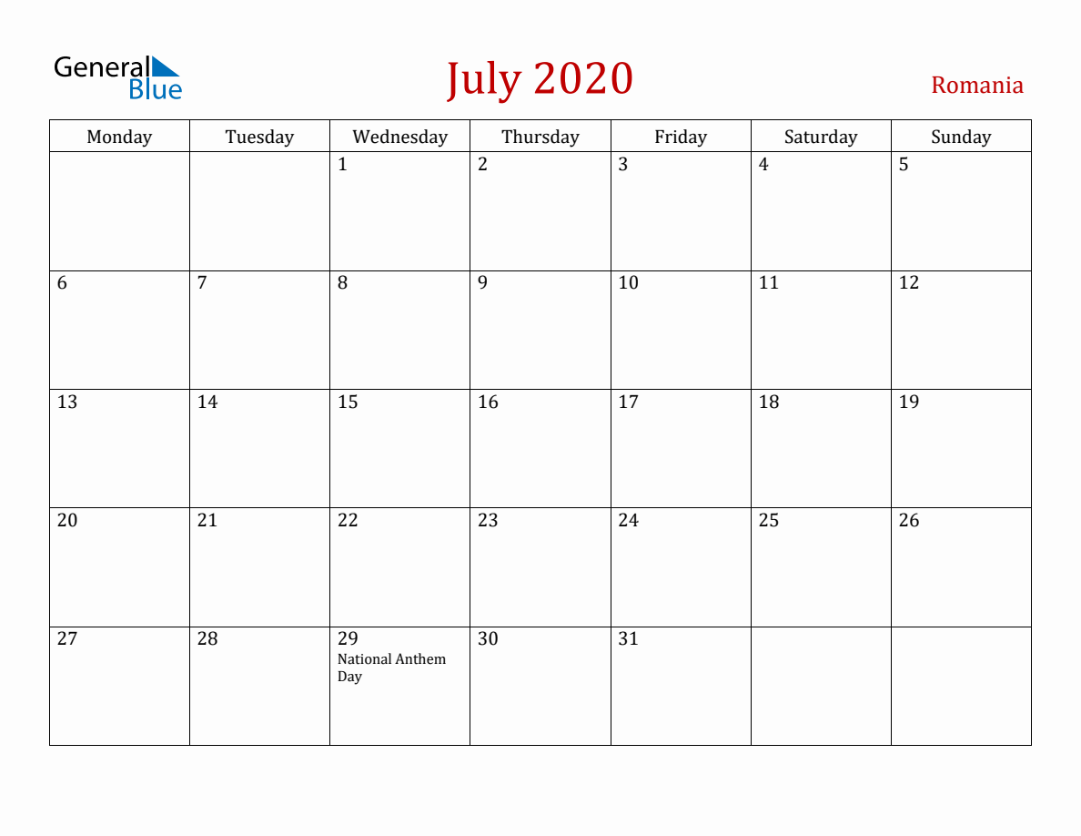 July 2020 Romania Monthly Calendar with Holidays