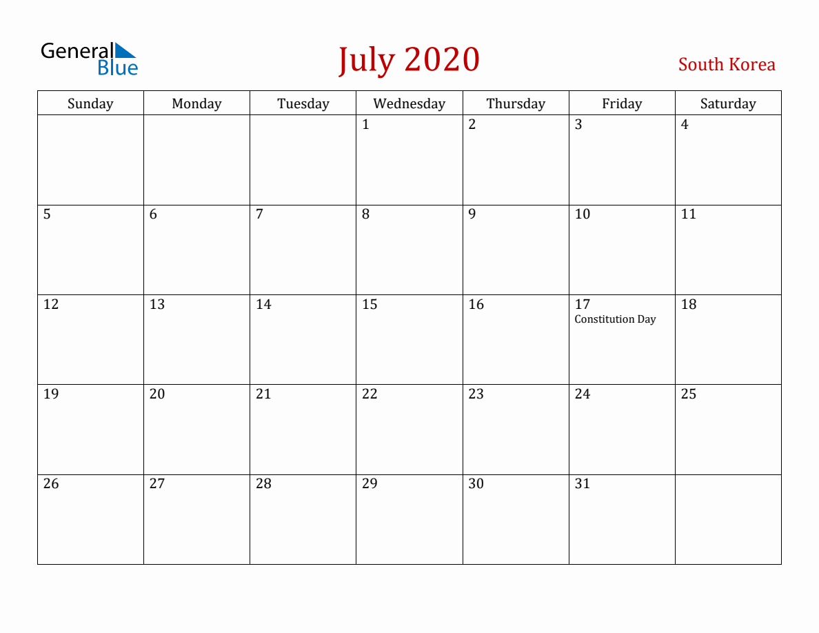 July 2020 South Korea Monthly Calendar with Holidays