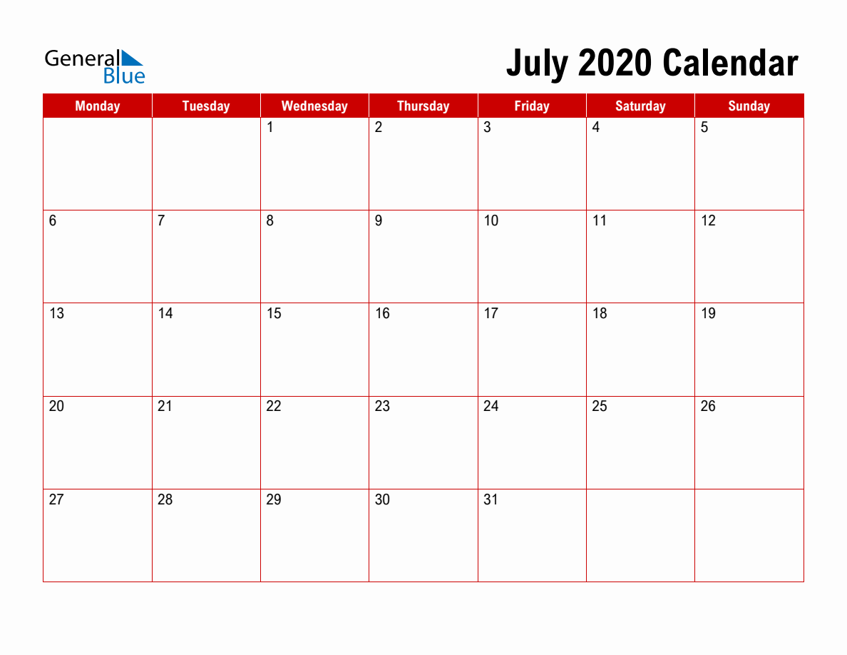 Basic Monthly Calendar - July 2020