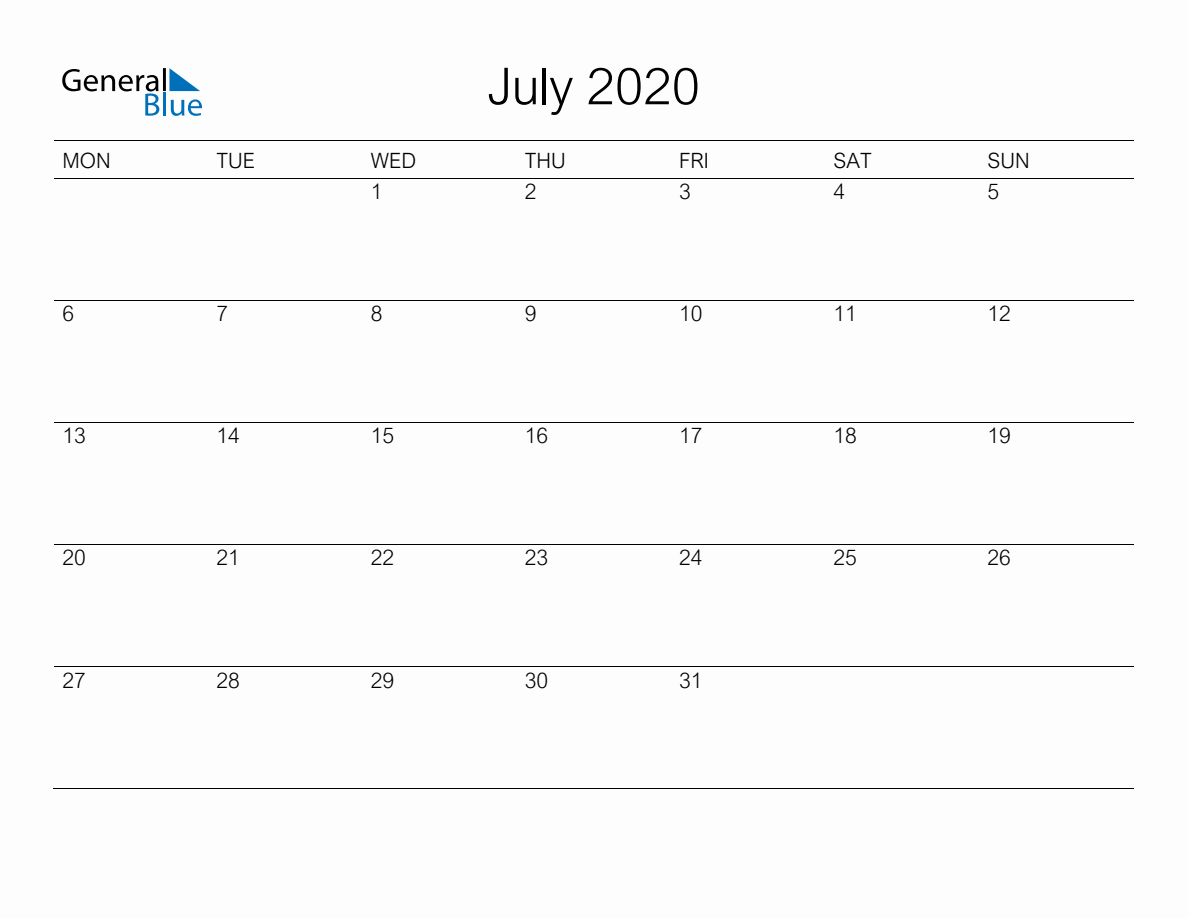 Printable July 2020 Monthly Calendar - Monday Start