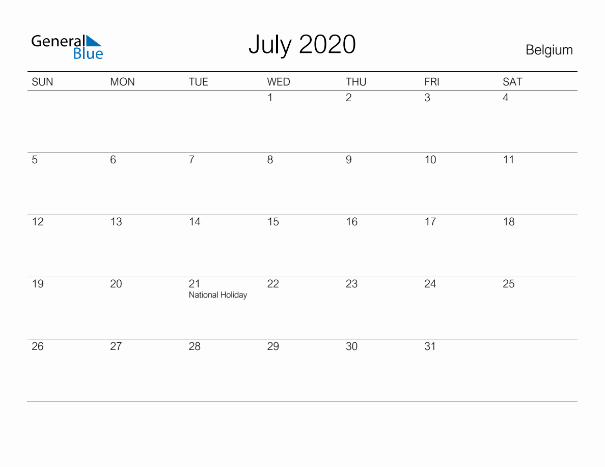 Printable July 2020 Monthly Calendar with Holidays for Belgium