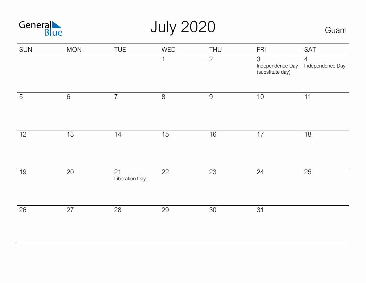 Printable July 2020 Monthly Calendar with Holidays for Guam