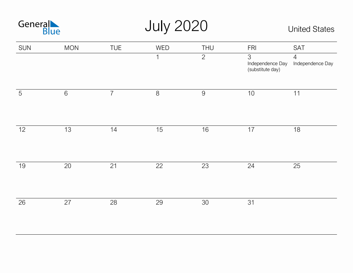 Printable July 2020 Monthly Calendar with Holidays for United States