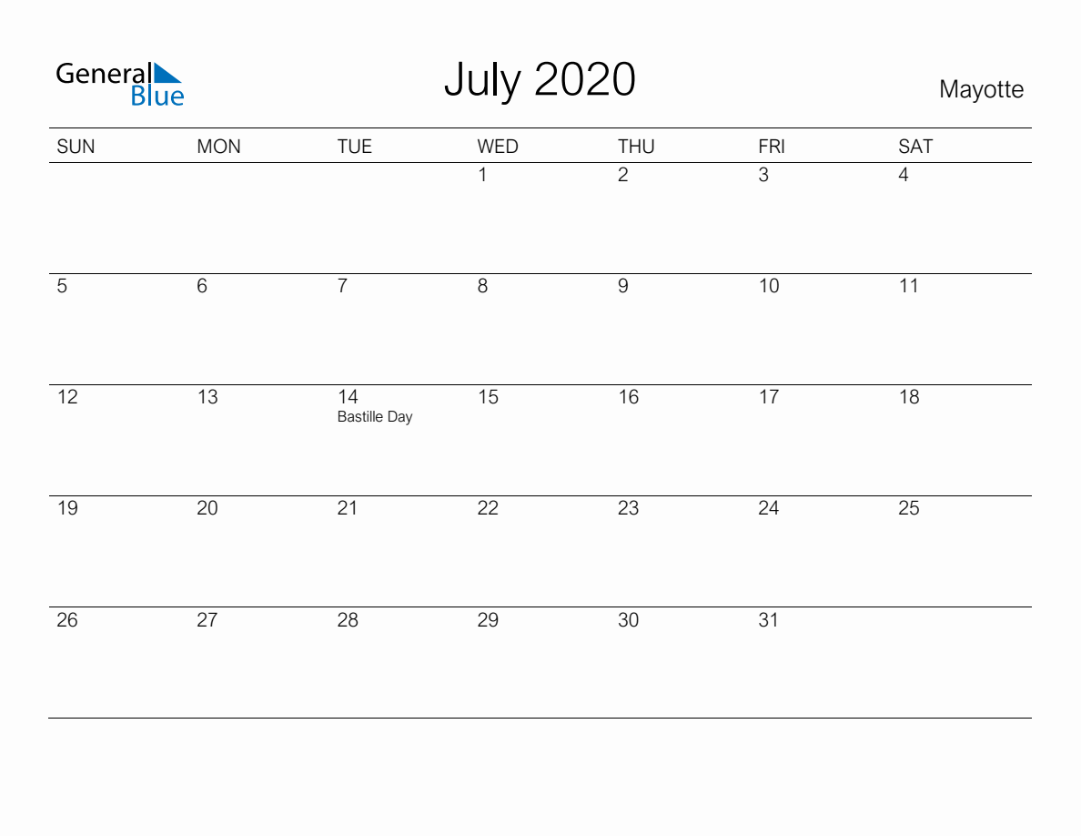 Printable July 2020 Monthly Calendar with Holidays for Mayotte