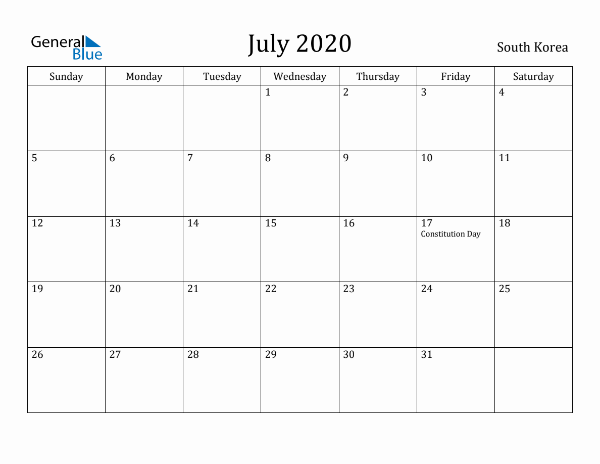 July 2020 Monthly Calendar with South Korea Holidays