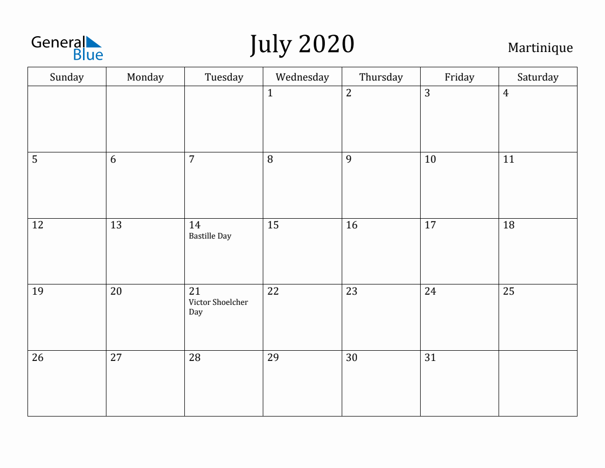July 2020 Monthly Calendar with Martinique Holidays