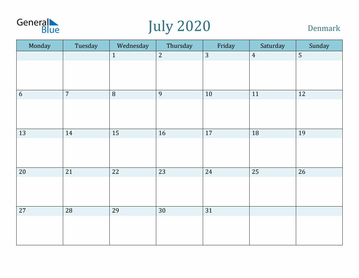 Denmark Holiday Calendar for July 2020 (Monday Start)