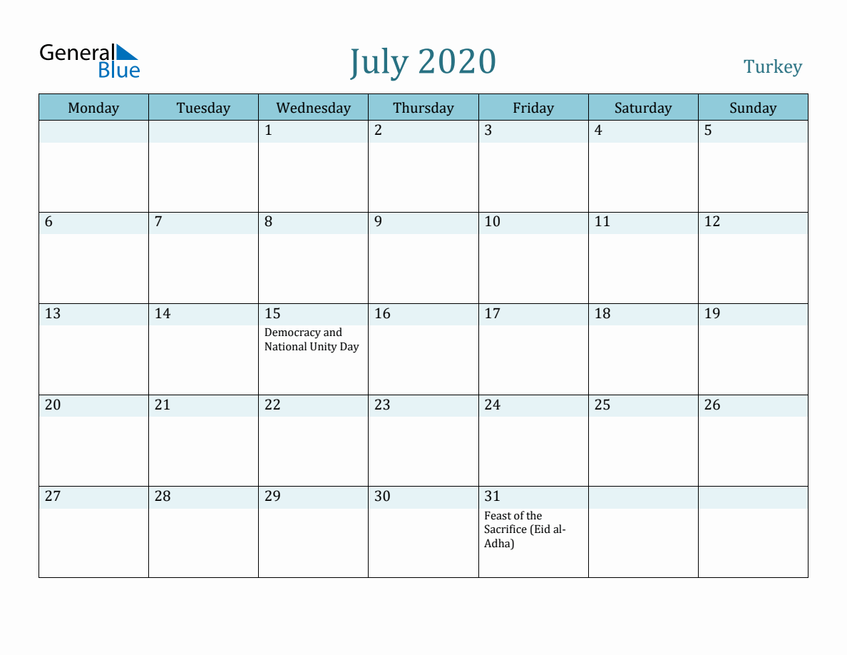 Turkey Holiday Calendar for July 2020 (Monday Start)