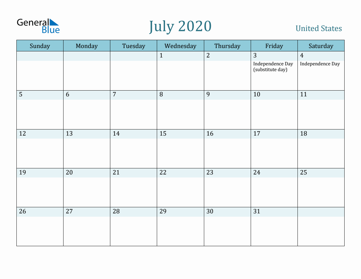 United States Holiday Calendar for July 2020