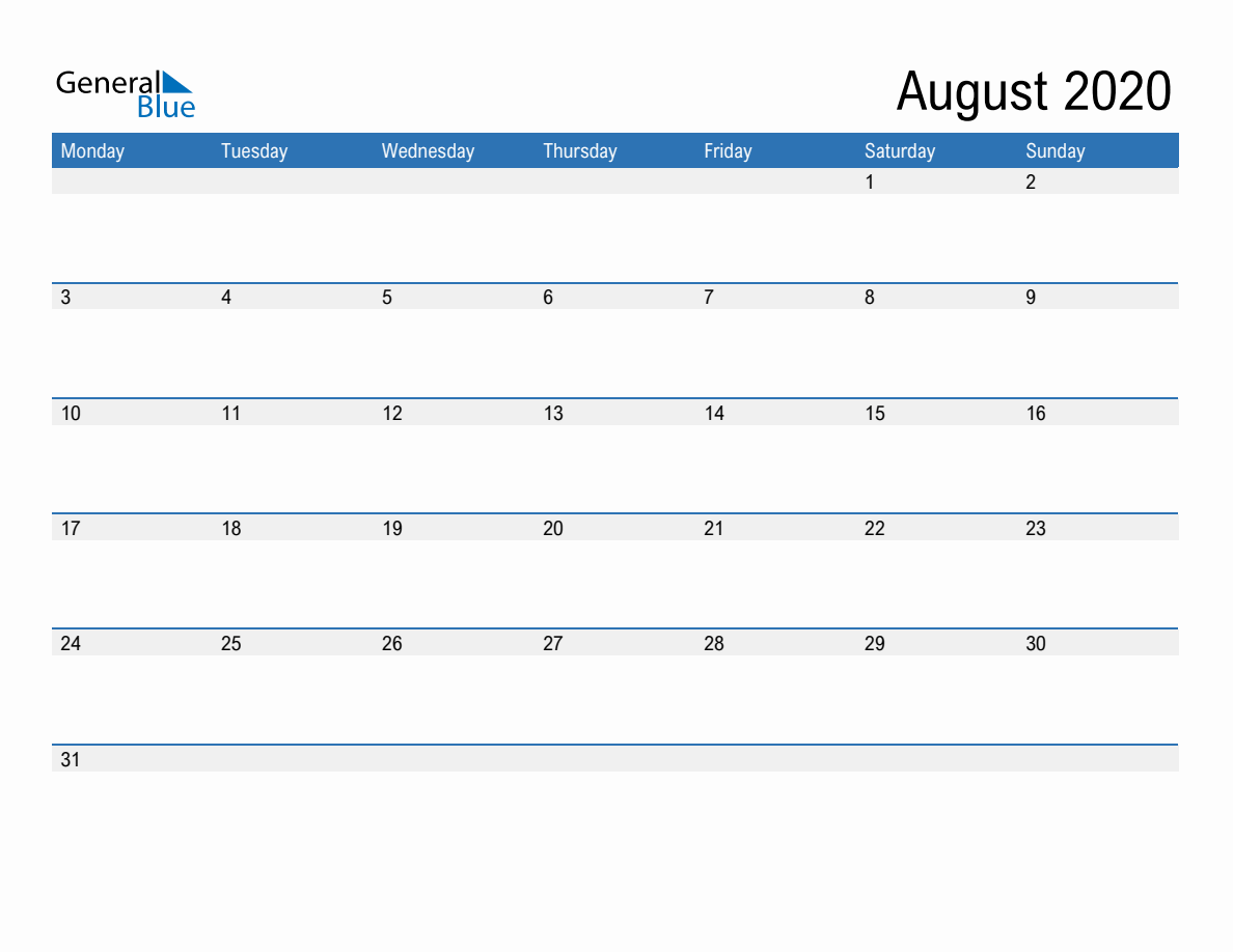 Editable Calendar Template for August 2020 - Monday Start