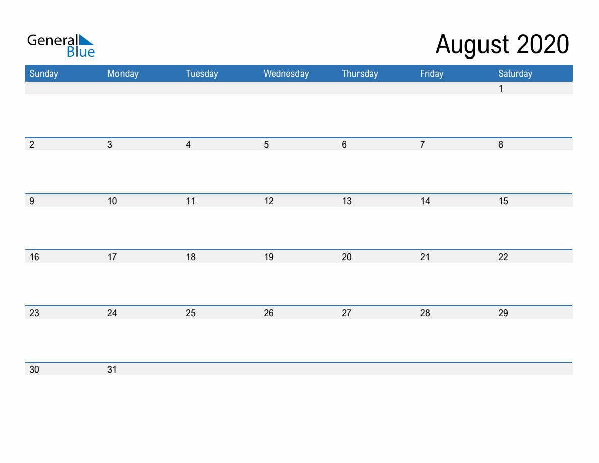 August 2020 Monthly Calendar (PDF, Word, Excel)