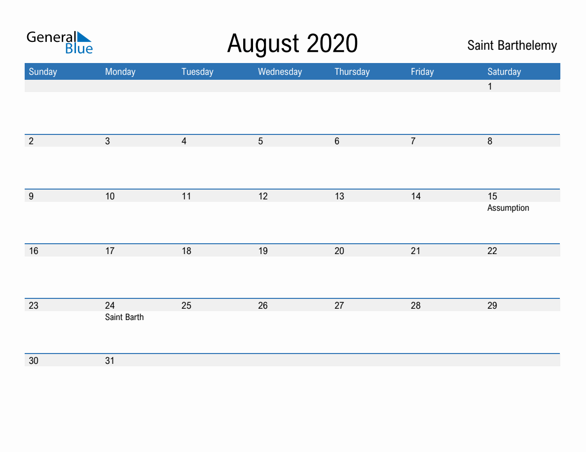 August 2020 Monthly Calendars with Saint Barthelemy Holidays