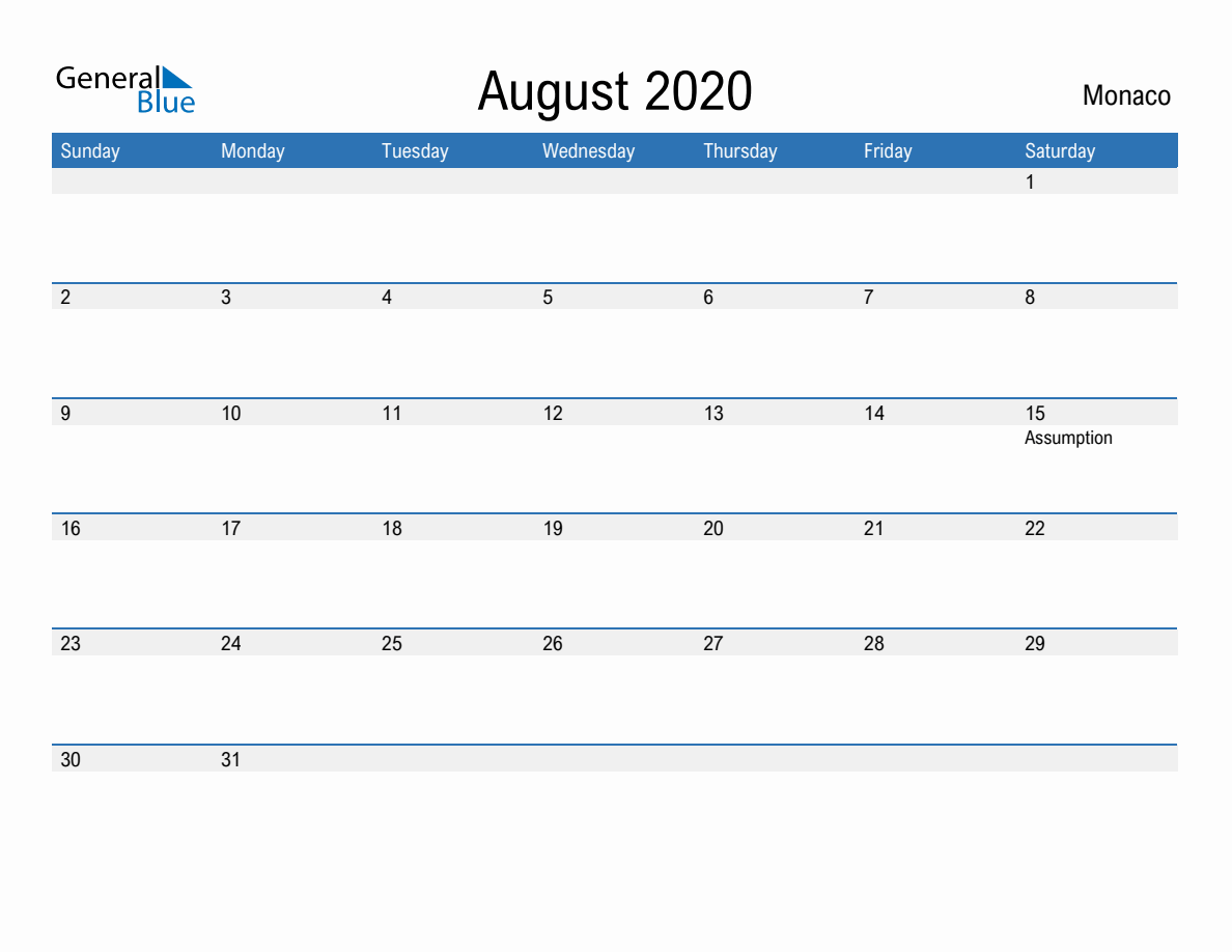 Editable August 2020 Calendar with Monaco Holidays
