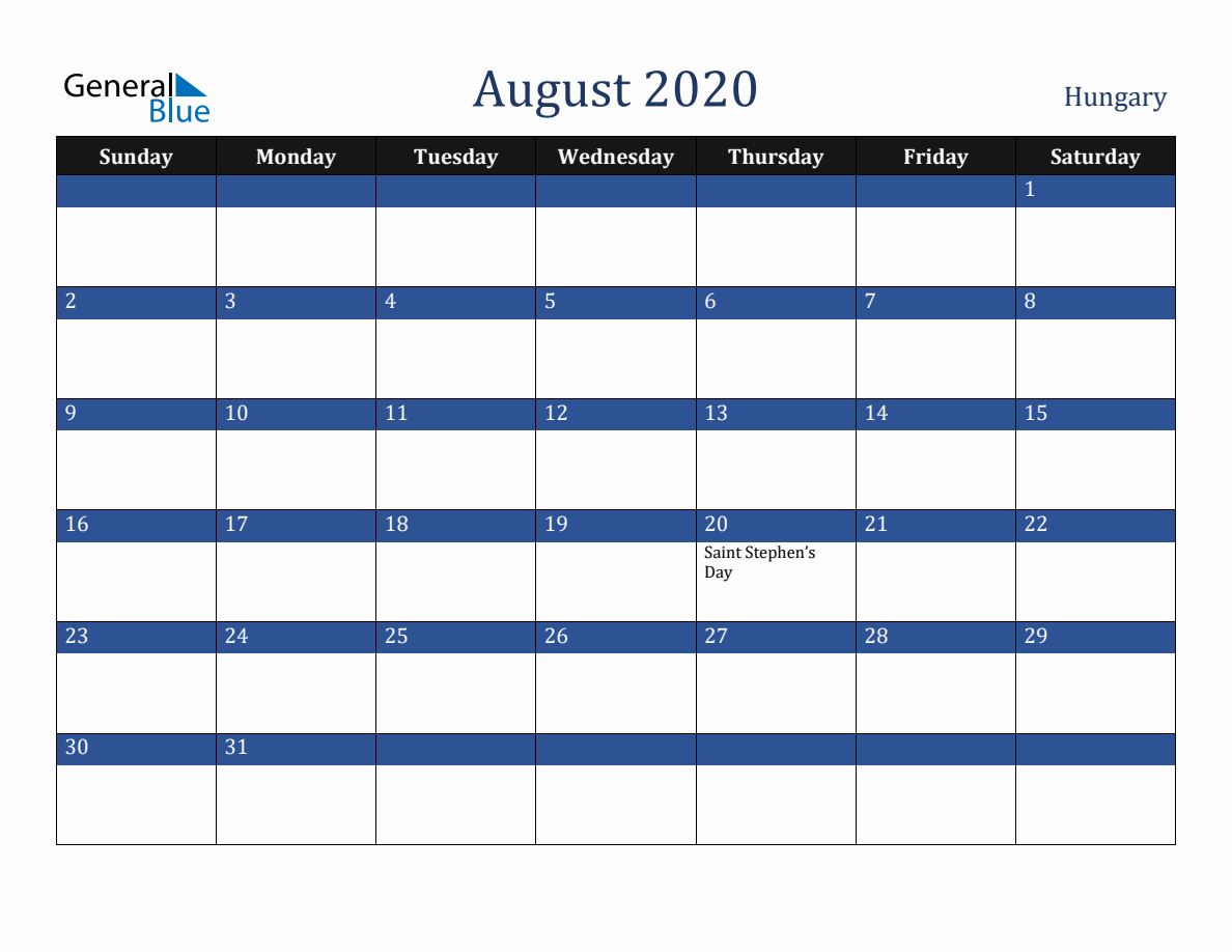 August 2020 Hungary Holiday Calendar