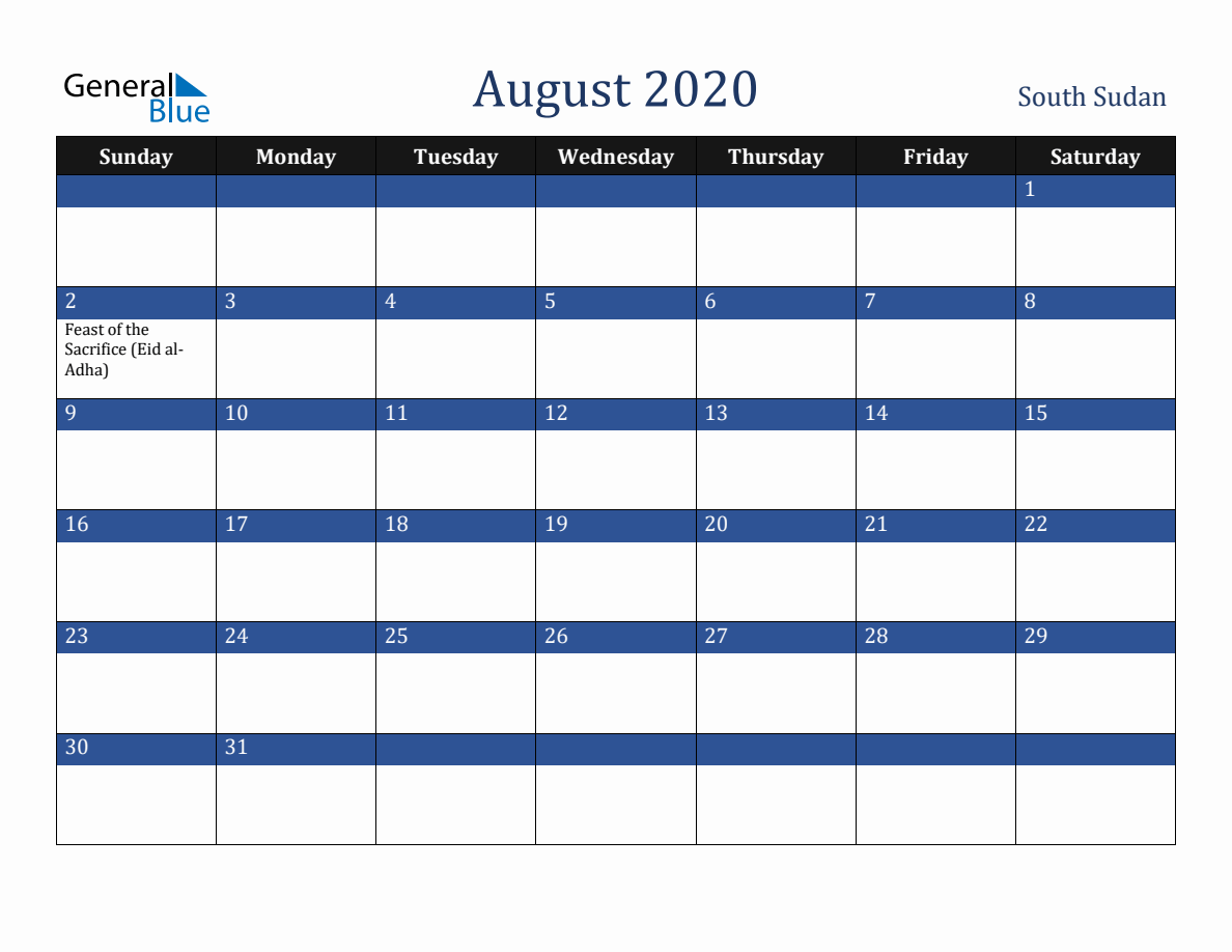 August 2020 South Sudan Holiday Calendar