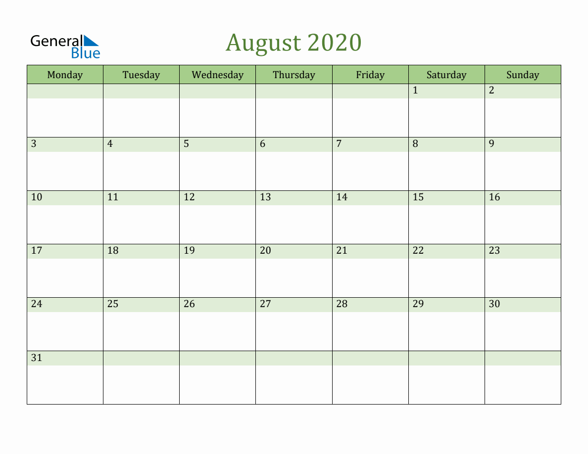 Fillable August 2020 Calendar - Monday Start