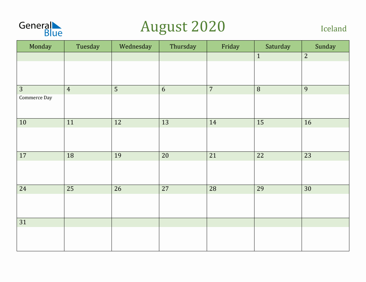 Fillable Holiday Calendar for Iceland - August 2020