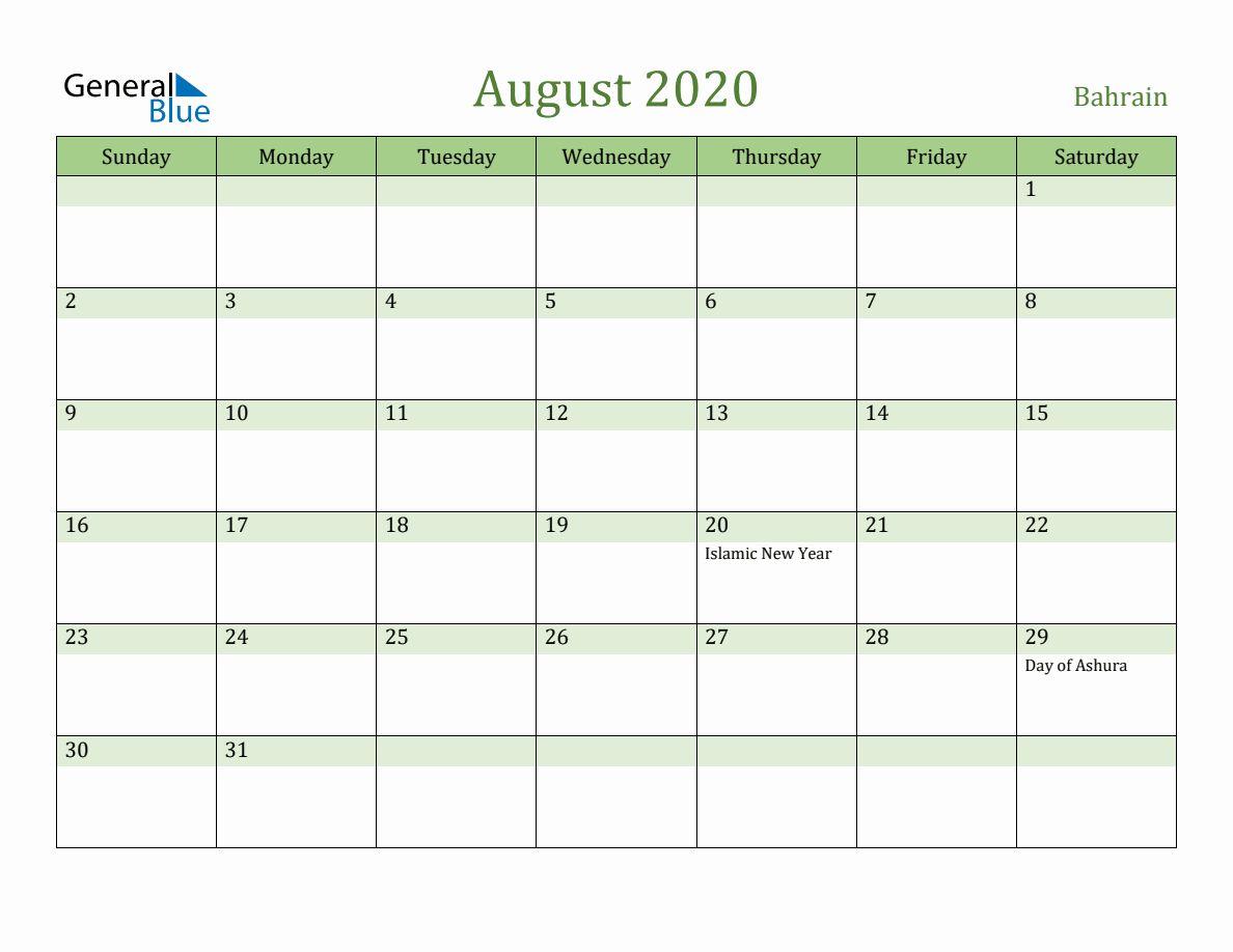 Fillable Holiday Calendar for Bahrain - August 2020
