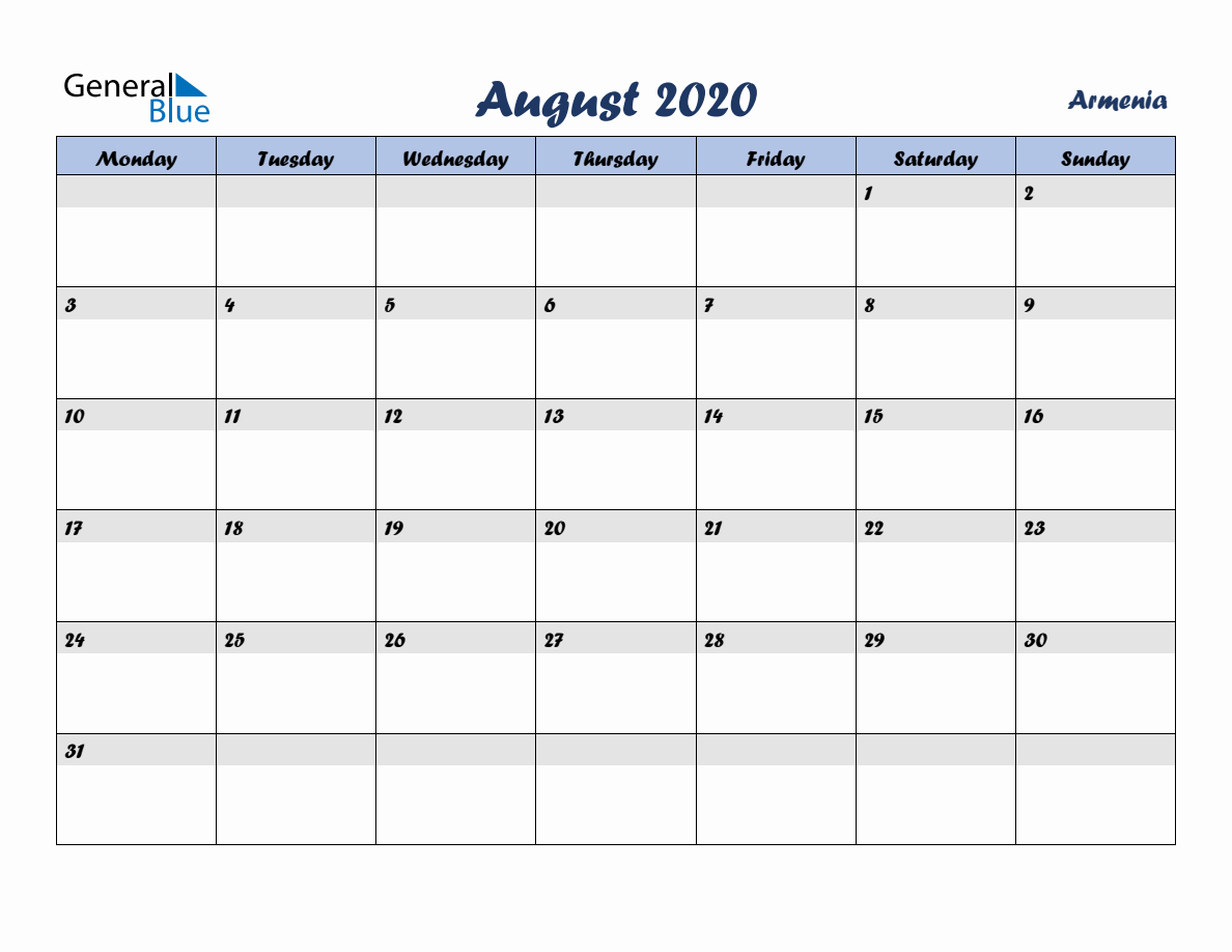 August 2020 Monthly Calendar Template with Holidays for Armenia
