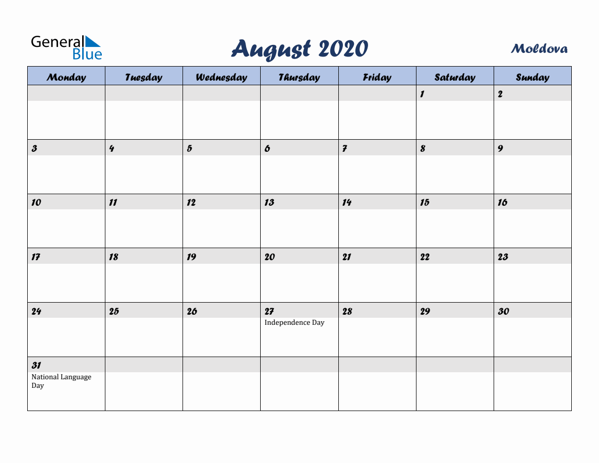 August 2020 Monthly Calendar Template with Holidays for Moldova