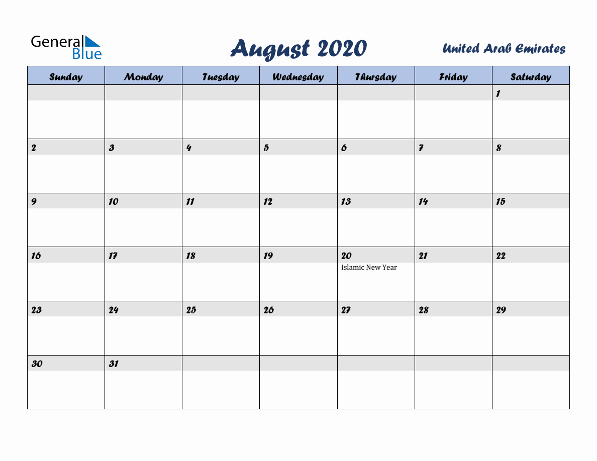 August 2020 Monthly Calendar Template with Holidays for United Arab ...