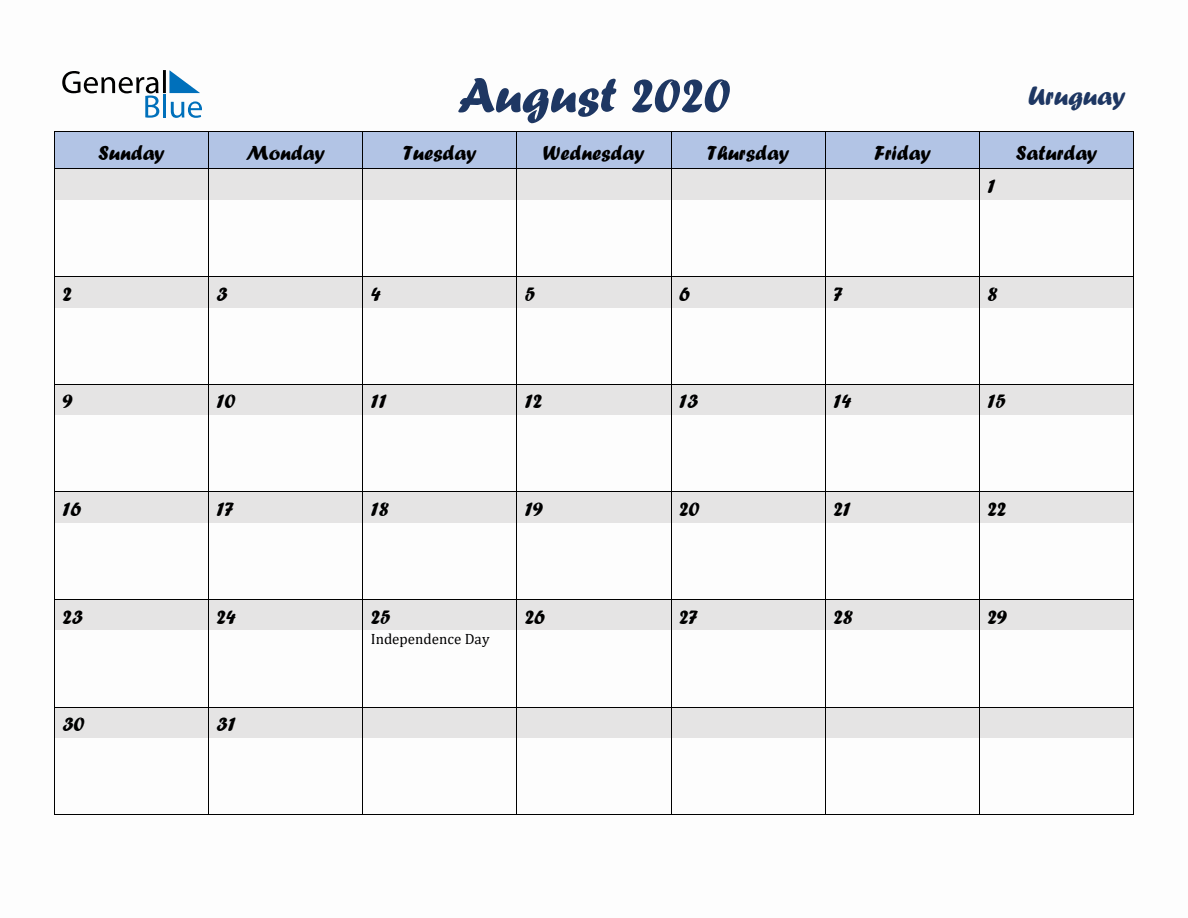 August 2020 Monthly Calendar Template with Holidays for Uruguay