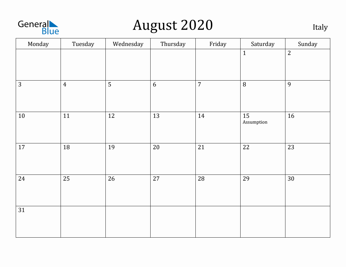 August 2020 Monthly Calendar with Italy Holidays (Monday Start)