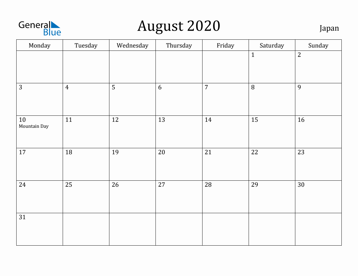 August 2020 Monthly Calendar with Japan Holidays (Monday Start)