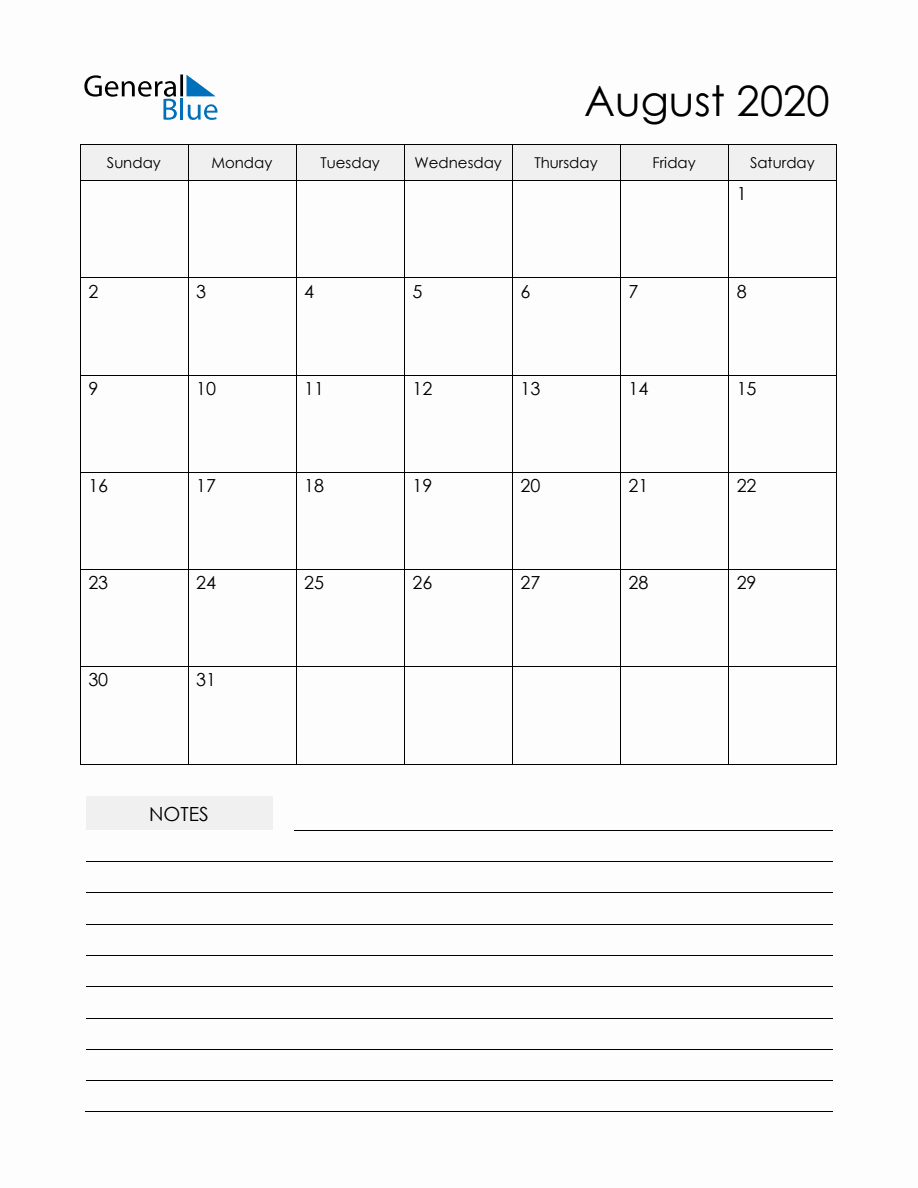 August 2020 Monthly Planner Calendar