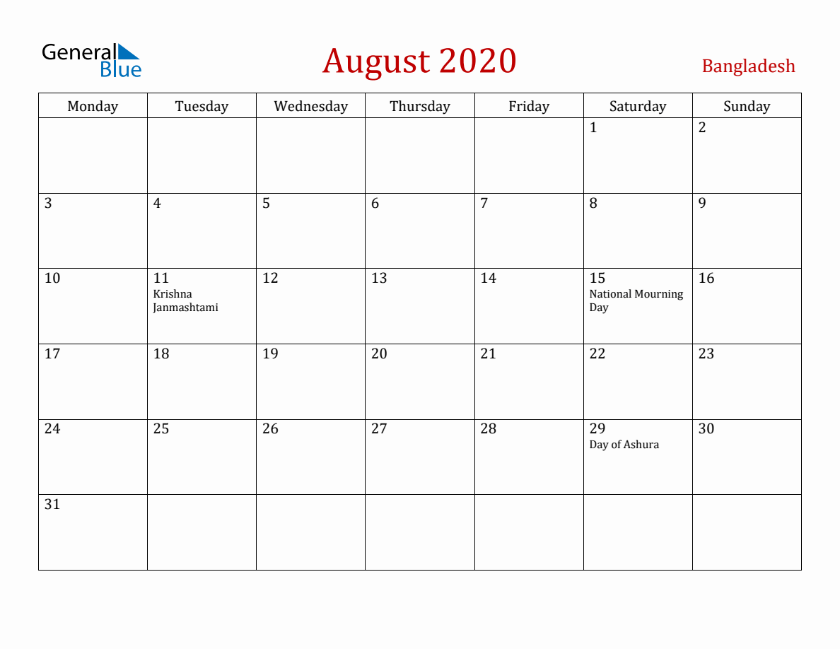 August 2020 Bangladesh Monthly Calendar with Holidays