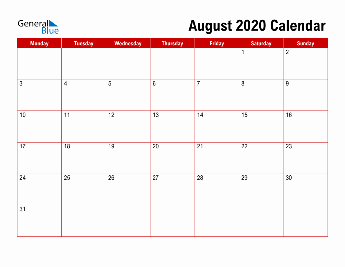 Basic Monthly Calendar - August 2020