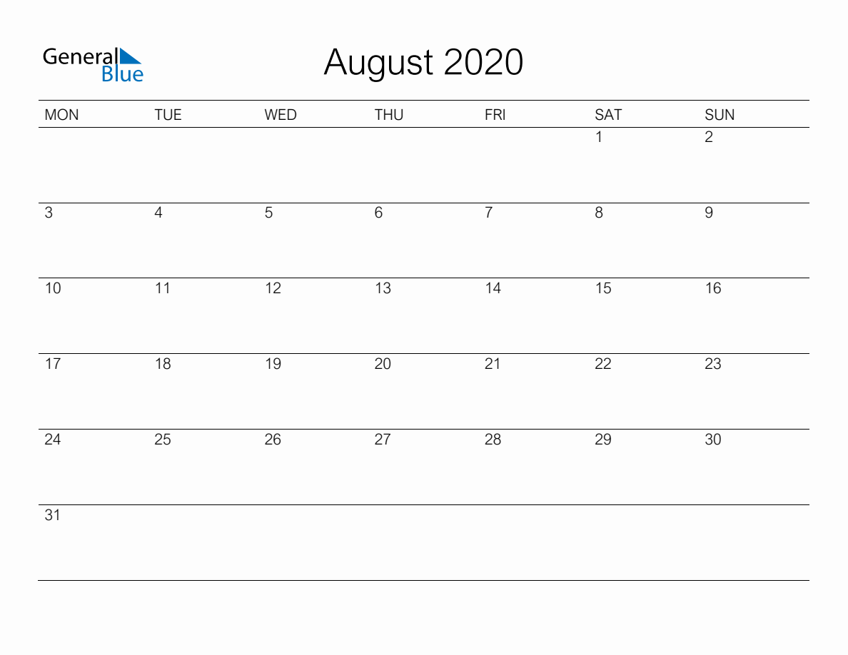 Printable August 2020 Monthly Calendar - Monday Start