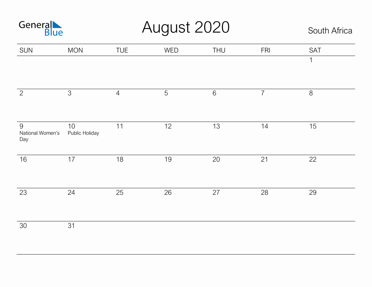Printable August 2020 Monthly Calendar with Holidays for South Africa