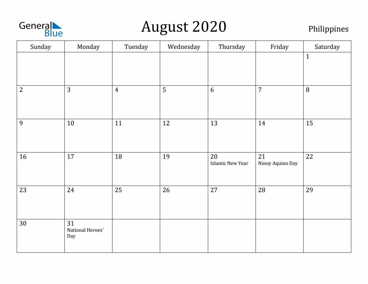 August 2020 Monthly Calendar with Philippines Holidays
