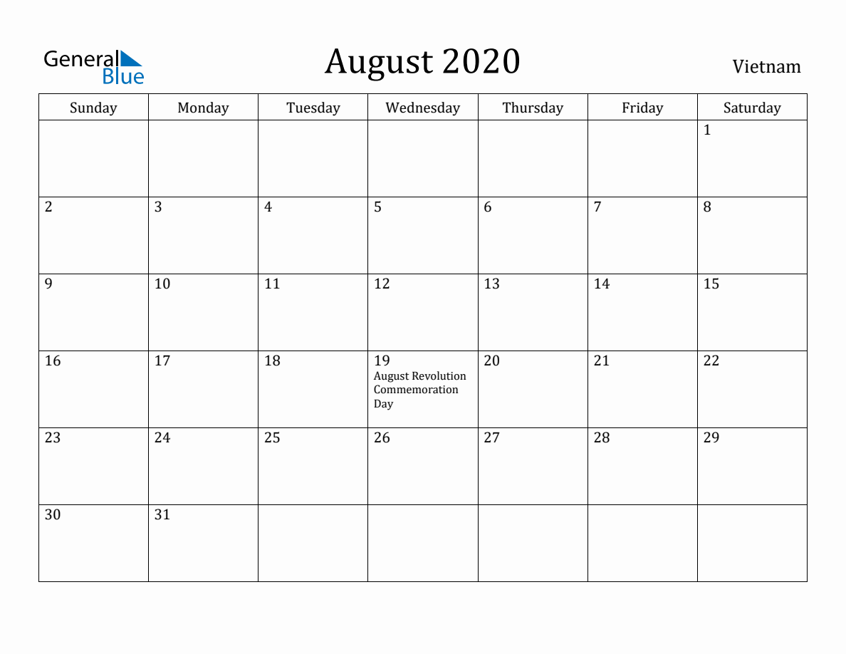 August 2020 Monthly Calendar with Vietnam Holidays