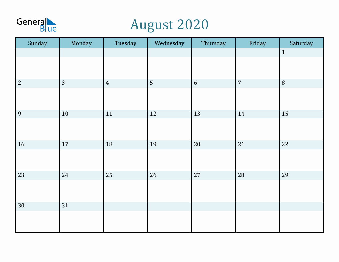 August 2020 Monthly Calendar Template (Sunday Start)