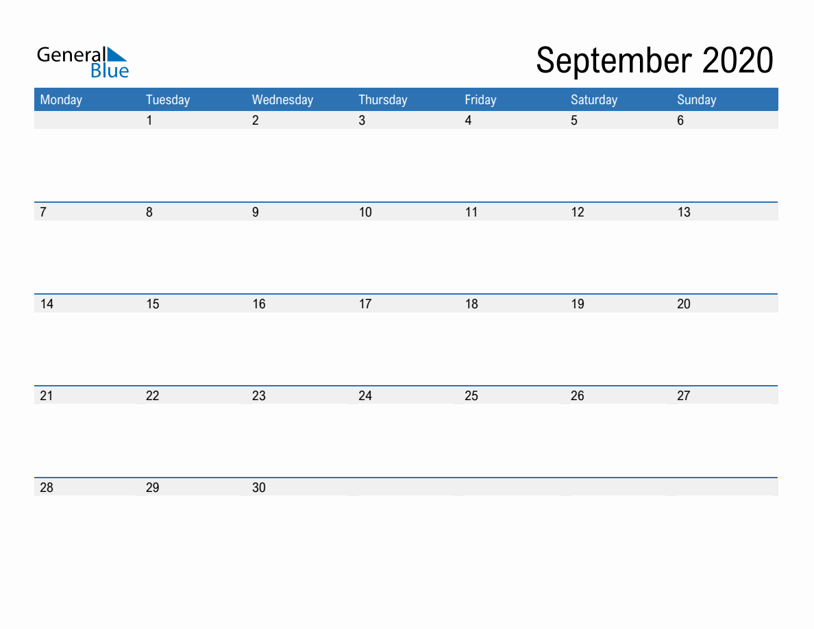 Editable Calendar Template for September 2020 - Monday Start