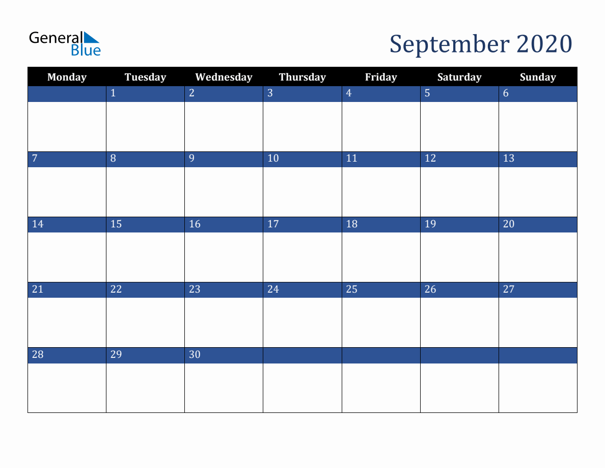 September 2020 Downloadable Monday Start Calendar